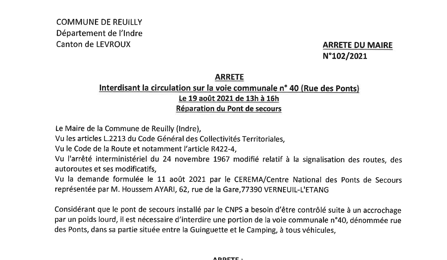 Arrêté portant interdiction de circuler sur la Rue des ponts le 19/08 ...